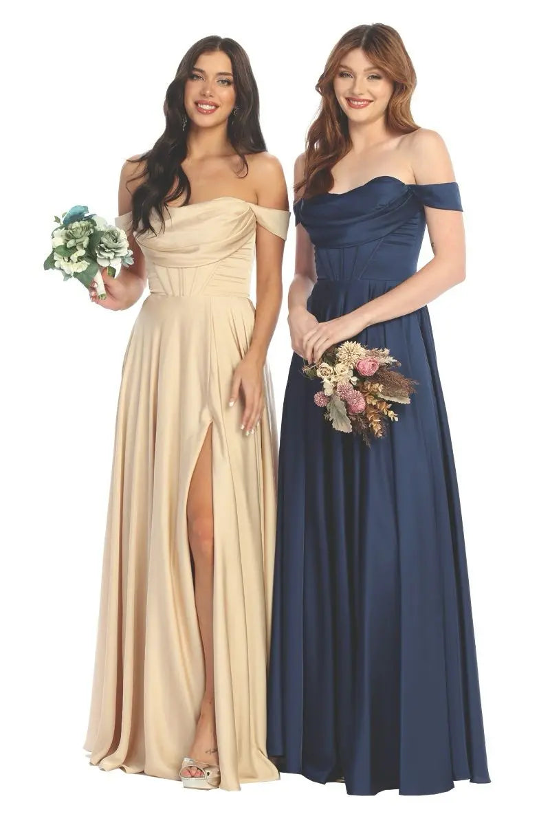 Cindy Collection 1812 Off the Shoulder Slit Leg Satin Dress | NORMA REED